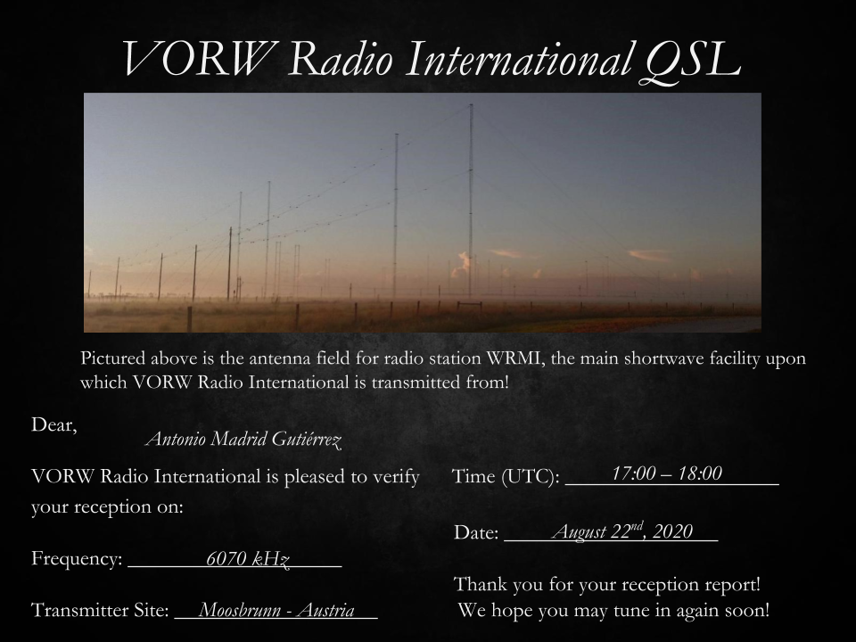 Recibida E-QSL de VORW – El Radioescucha
