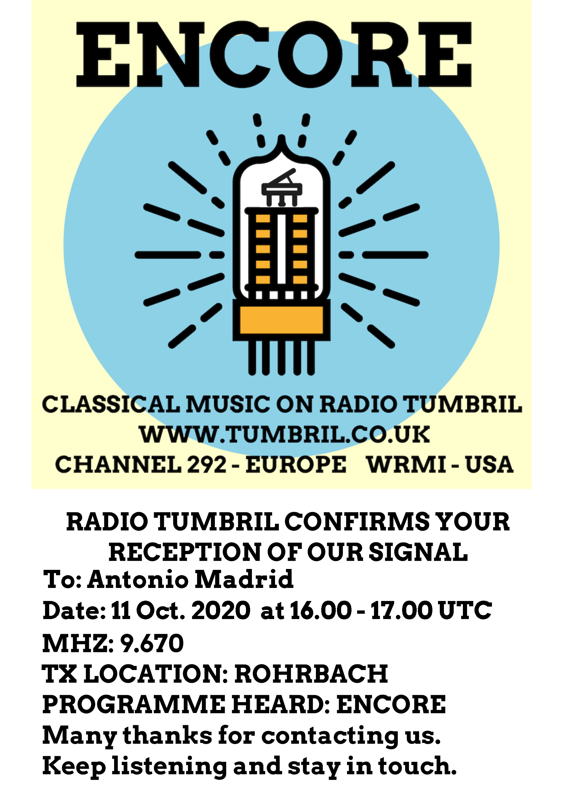 Recibida E-QSL de Radio Tumbril vía Channel 292 – El Radioescucha