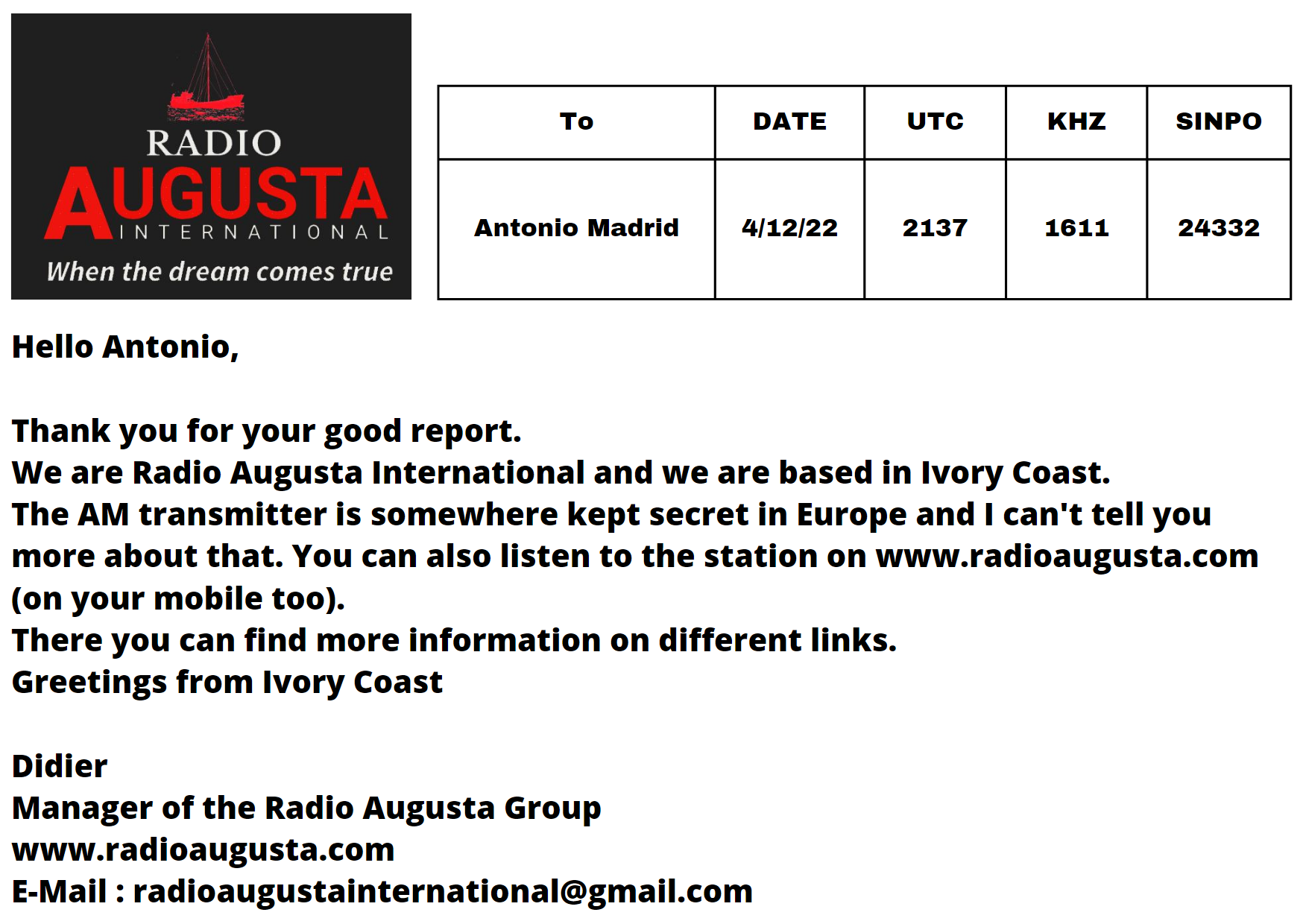 Recibida E-QSL de Radio Augusta Inter. – El Radioescucha