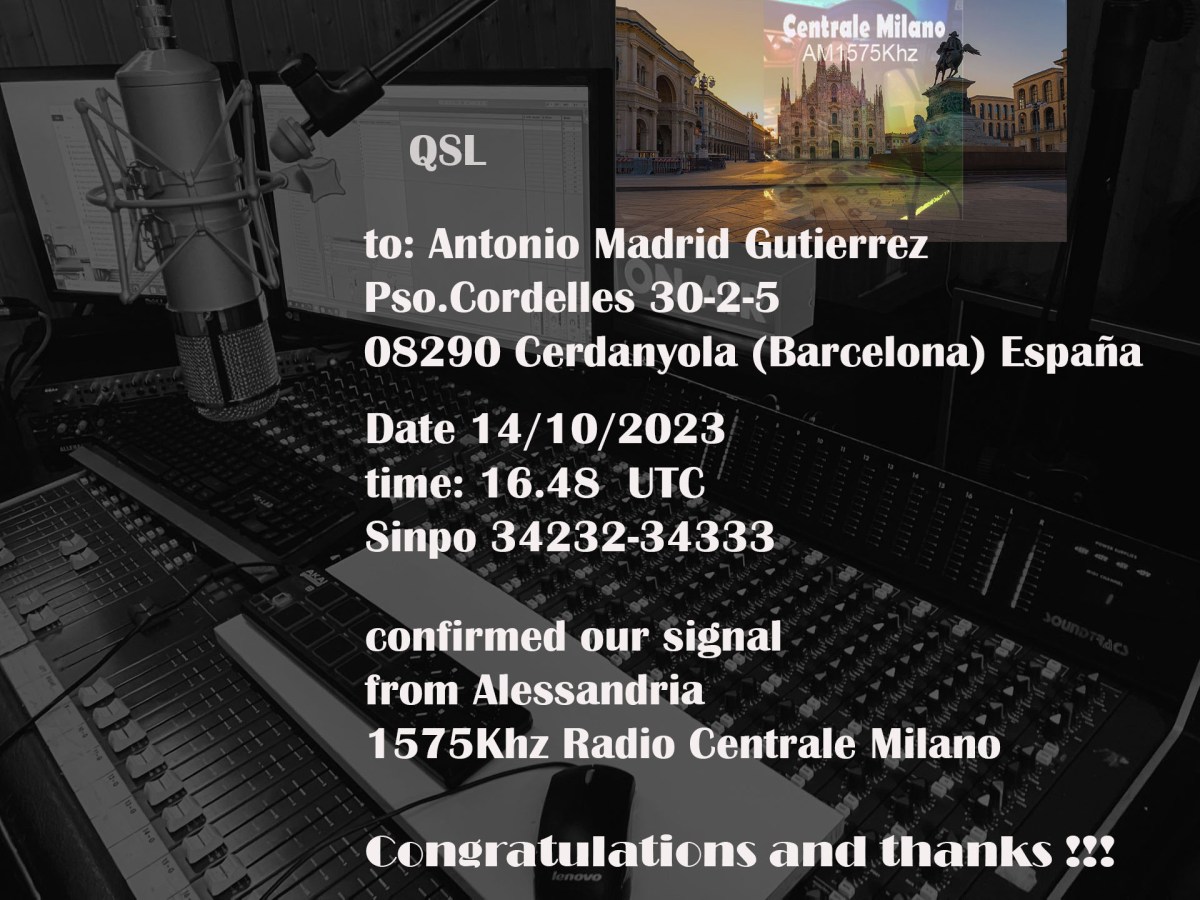 Recibida E-QSL de Radio Centrale Milano – El Radioescucha