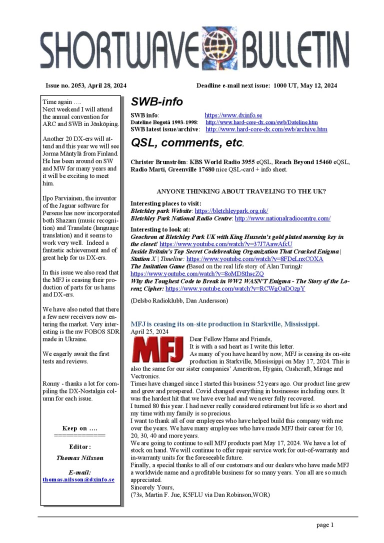 Ya disponible Shortwave Bulletin nº2053 – El Radioescucha
