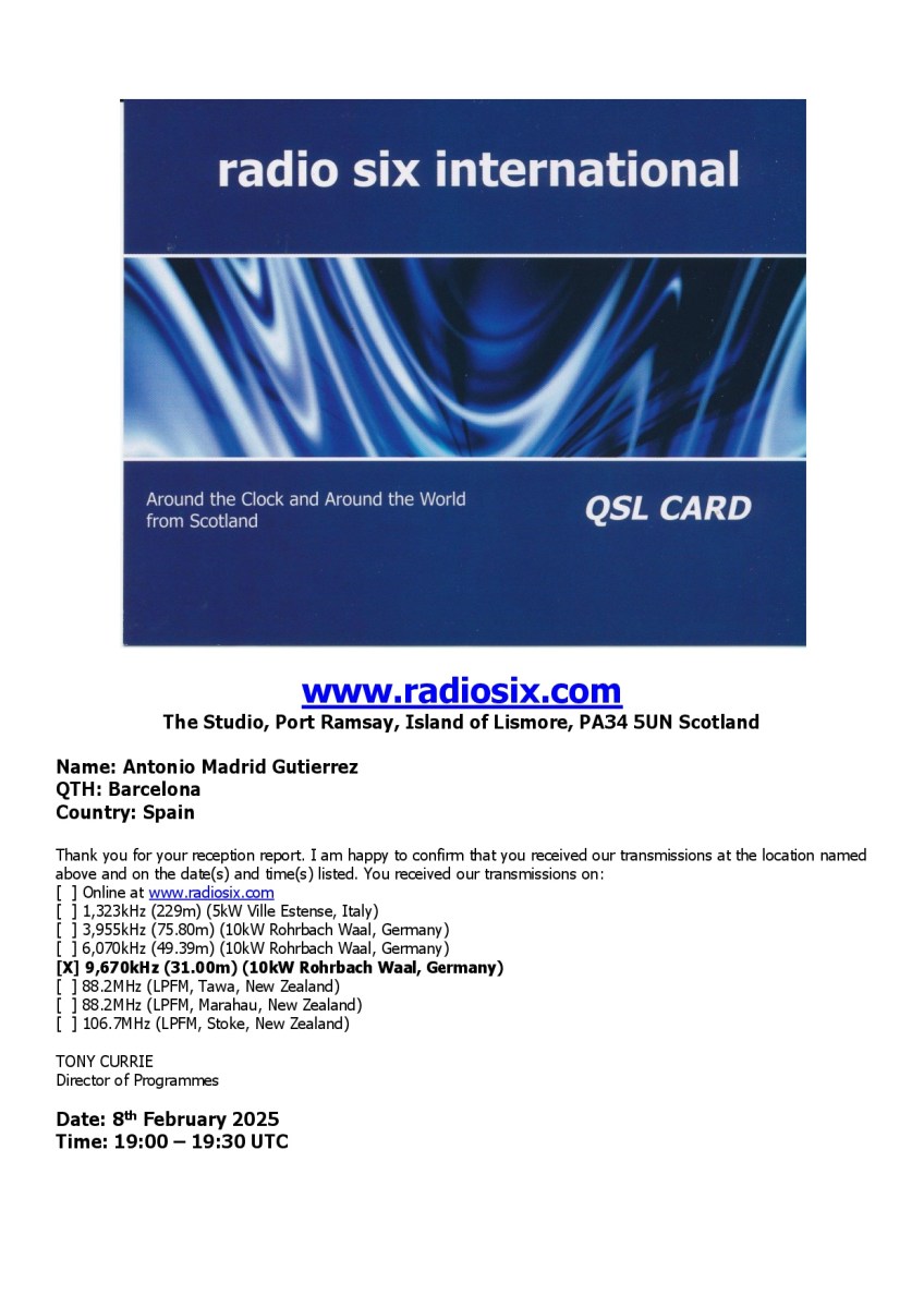 Recibida E-QSL de Radio Six International – El Radioescucha